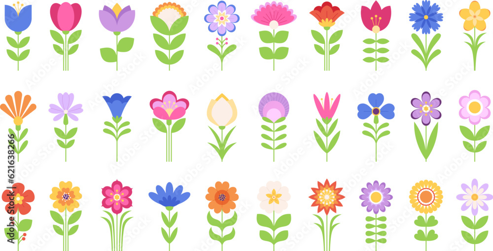 Decorative isolated floral flat icons, blossom flowers with green ...