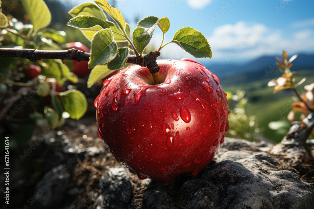One large ripe red apple hanging from a twig, capturing the essence of ...