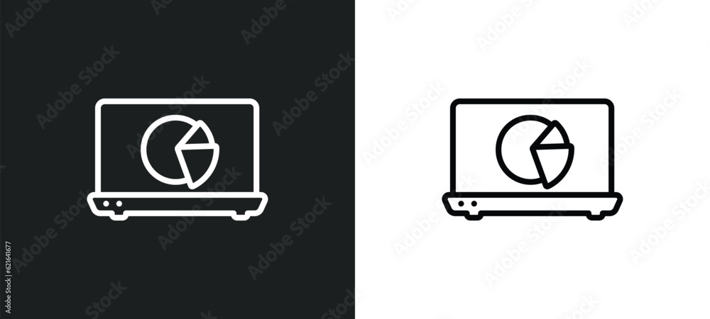 laptop pie chart on screen outline icon in white and black colors ...