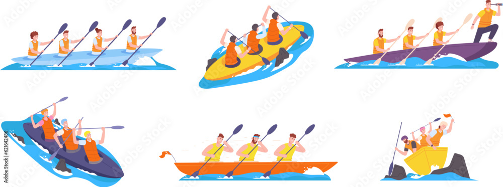 Rowing teamwork. People group with paddle on boat canoe in speed river ...