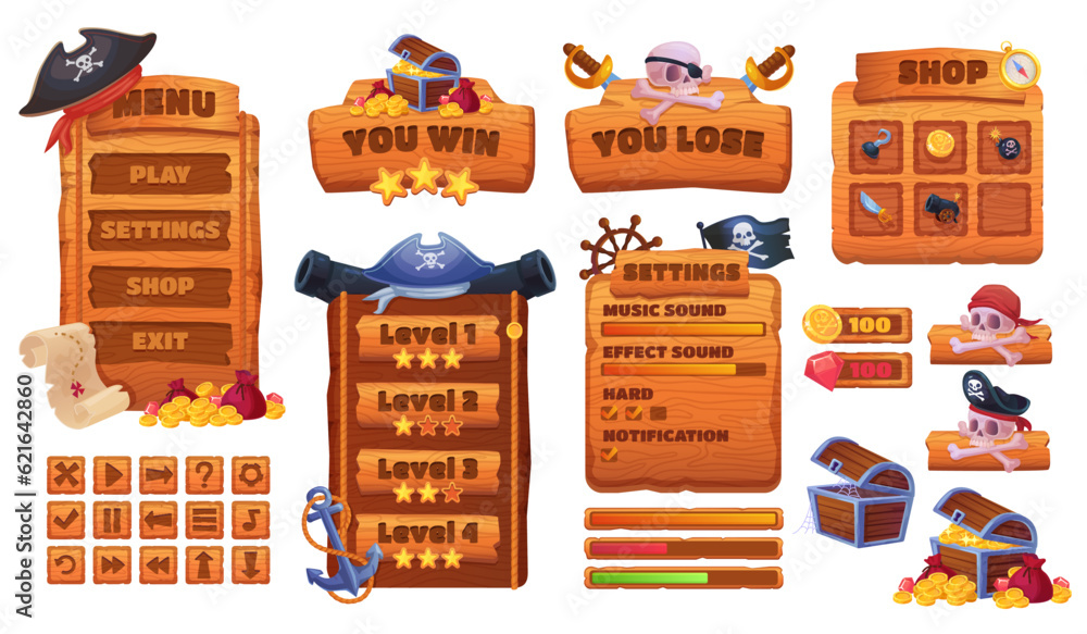 Pirate game interface. Pirates timber frame with button for gaming apps ...