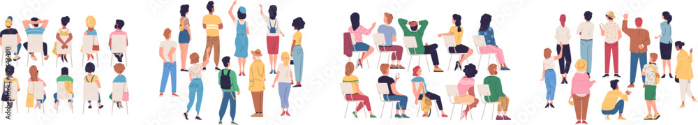 Audience back view. Behind crowd standing people group looking backside ...