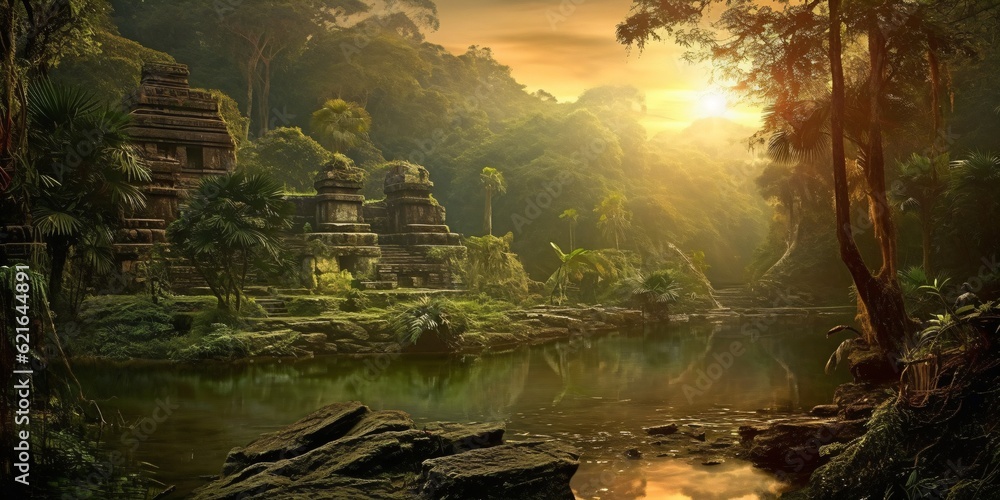 ancient and overgrown mayan temple ruins in the jungle, lost place in ...