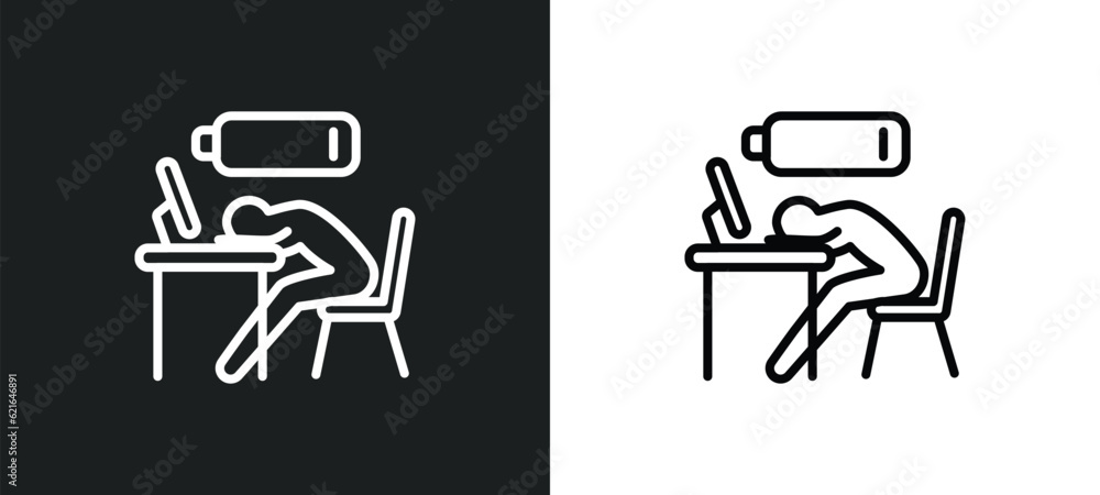 sleepy worker at work outline icon in white and black colors. sleepy ...