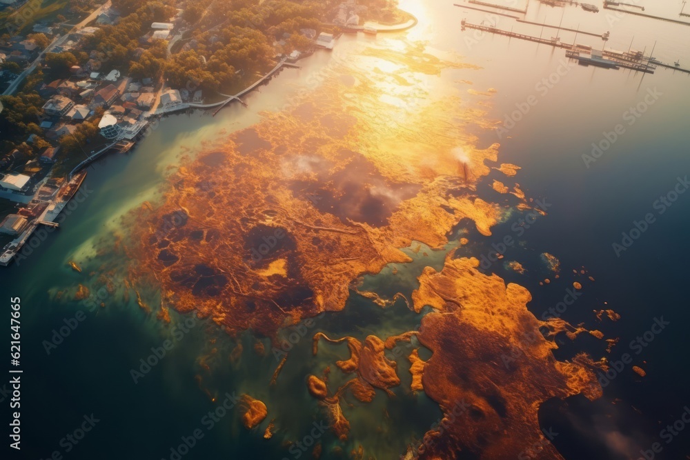 An aerial view of a polluted estuary or river flowing into the ocean ...