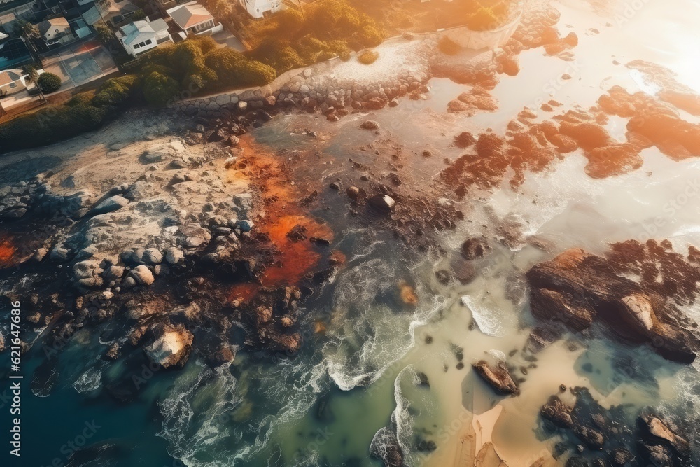 An aerial view of a polluted estuary or river flowing into the ocean ...