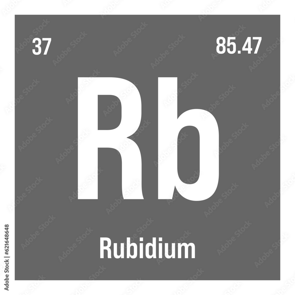 Rubidium, Rb, periodic table element with name, symbol, atomic number and weight. Alkali metal ...