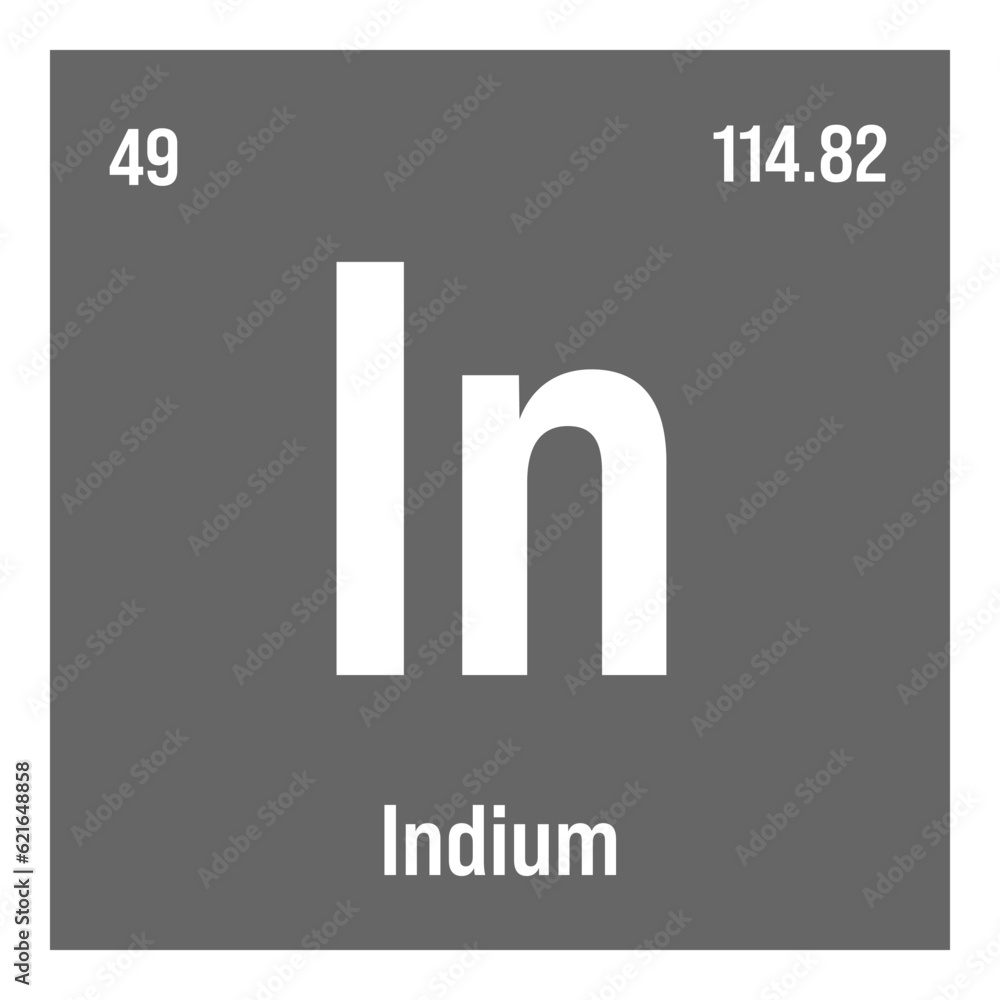 Indium, In, periodic table element with name, symbol, atomic number and ...