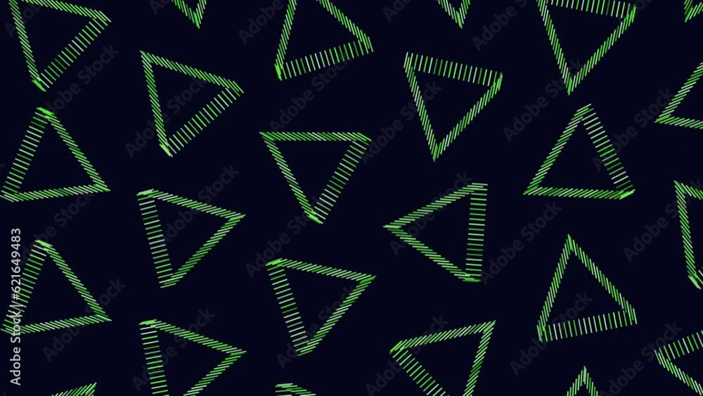 Neon futuristic triangles pattern with rainbow lines on black gradient, motion abstract ...