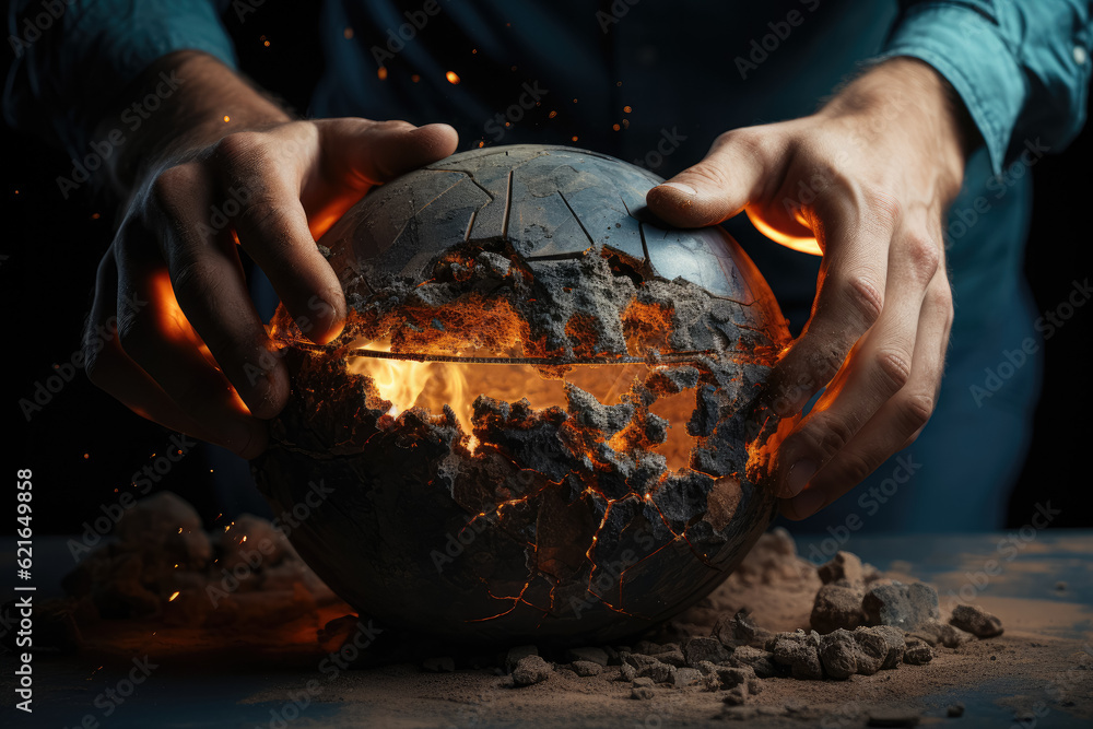 Hands crushing the Earth globe, symbolizing environmental issues and ...