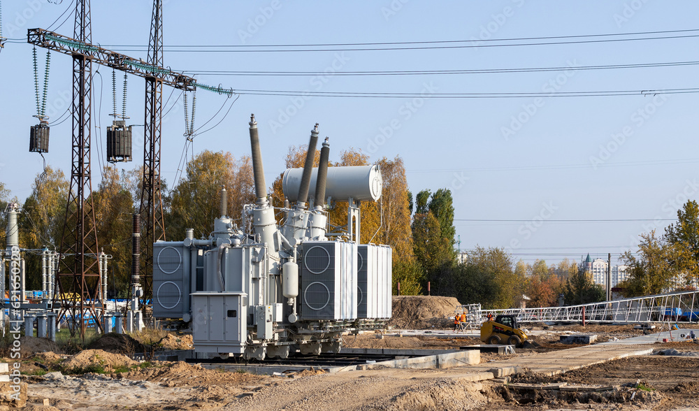 The outdoor extra high voltage power transformer. A high-voltage power ...