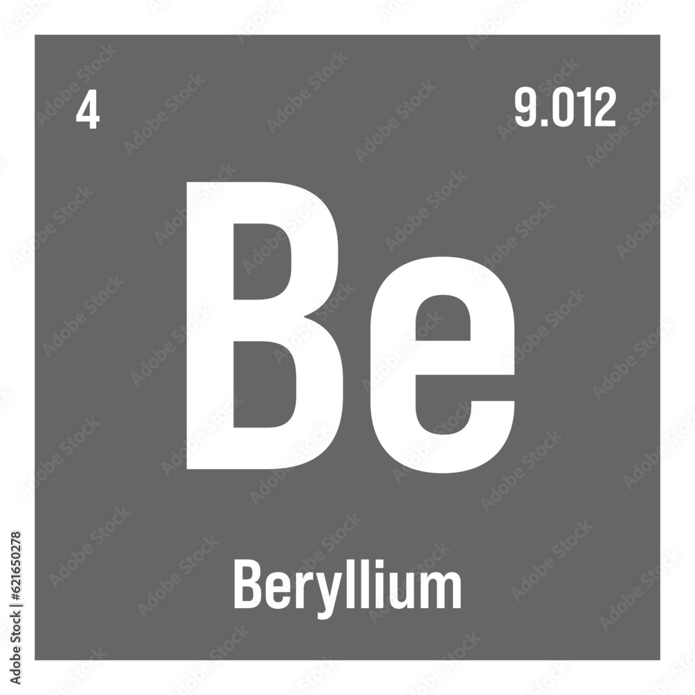 Beryllium, Be, periodic table element with name, symbol, atomic number ...