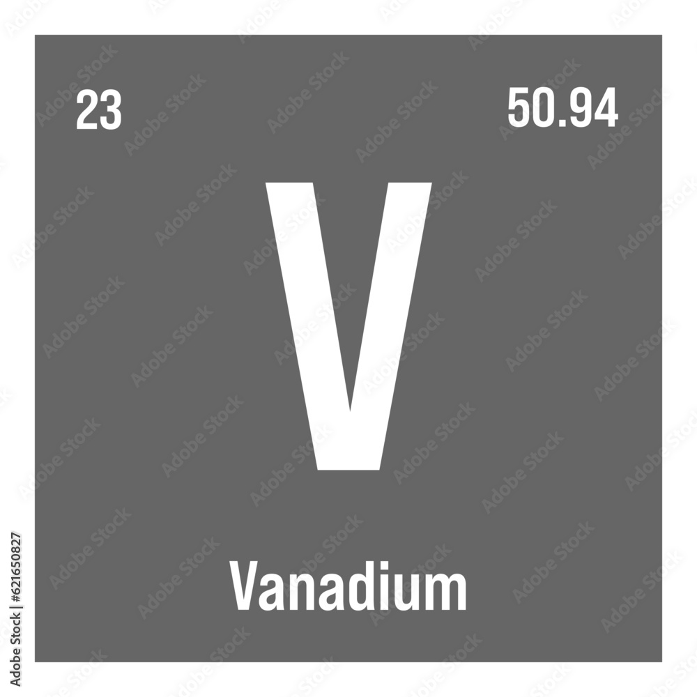 Vanadium, V, periodic table element with name, symbol, atomic number ...