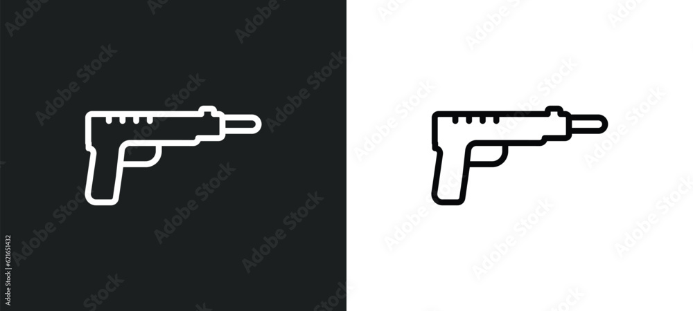 gun shooting outline icon in white and black colors. gun shooting flat ...