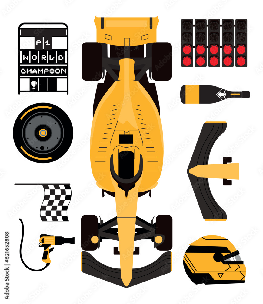 Formula 1 set. Types of tire, car, helmet, pit stop, podium, lights out ...