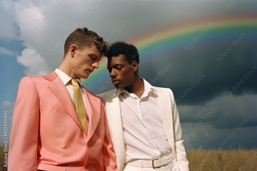 two male friends/models/lgbtq+ couple standing in nature with rainbow ...