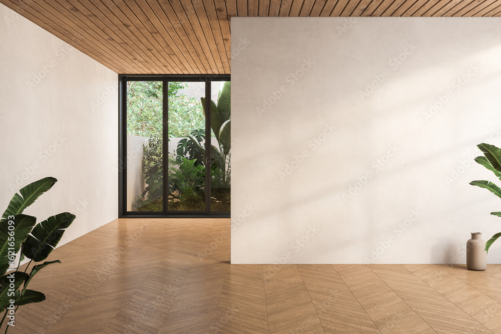 Modern contemporary loft empty room with open door to garden 3d render ...