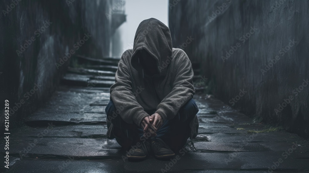 Homeless person in hood sitting on street. Generative AI Stock ...