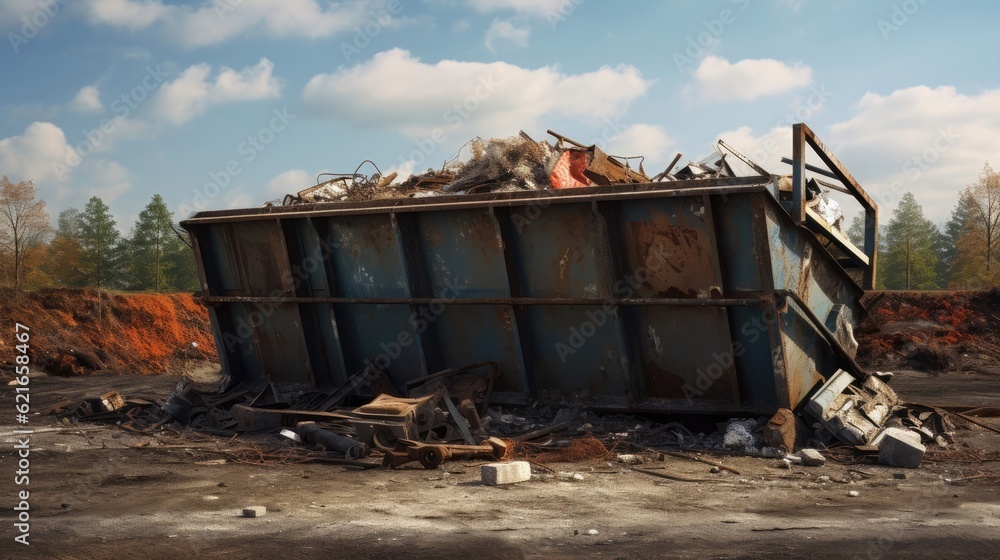 Large overloaded metal dumpster filled with construction waste and ...