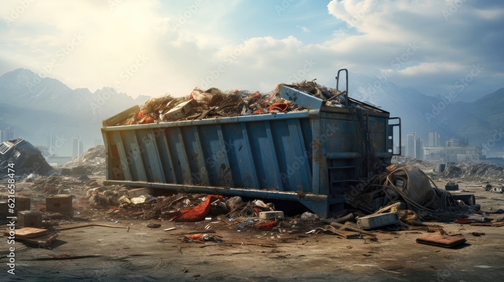 Large overloaded metal dumpster filled with construction waste and ...