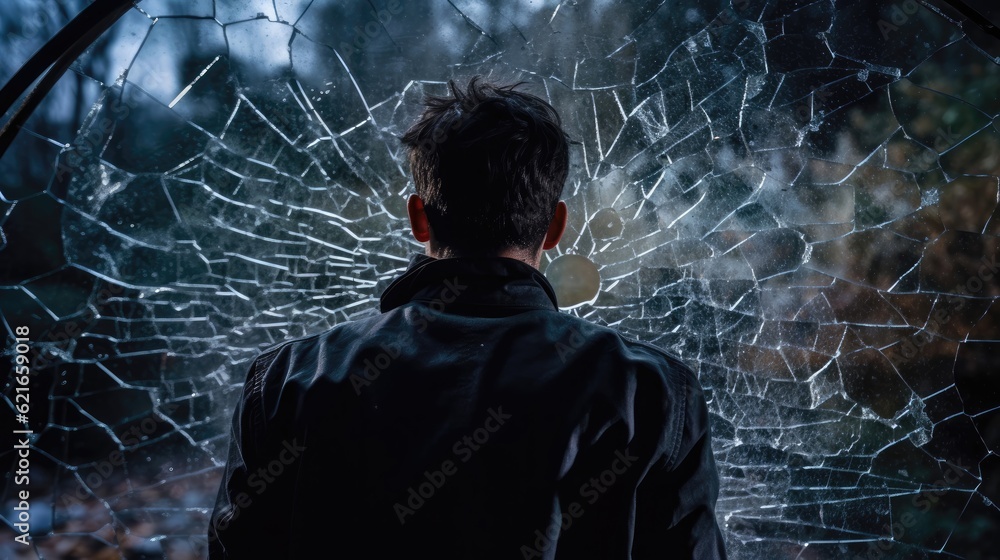 Portrait of a young, sad man against the background of broken glass ...