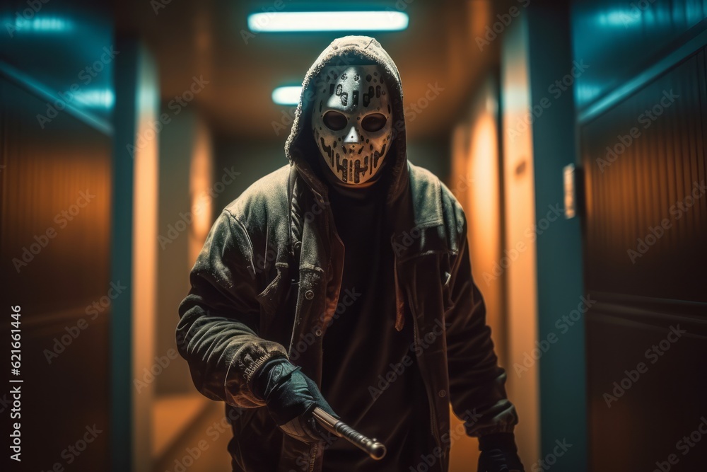 A masked killer with a menacing expression, wielding a sharp weapon ...