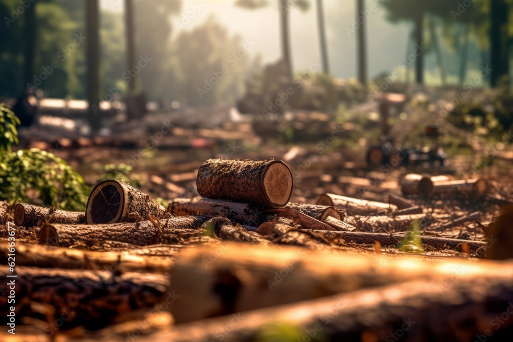 An image showcasing the aftermath of illegal logging, with tree stumps ...