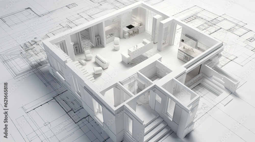 Cad 3d rendering of a house plan on the computer, mockup of house ...