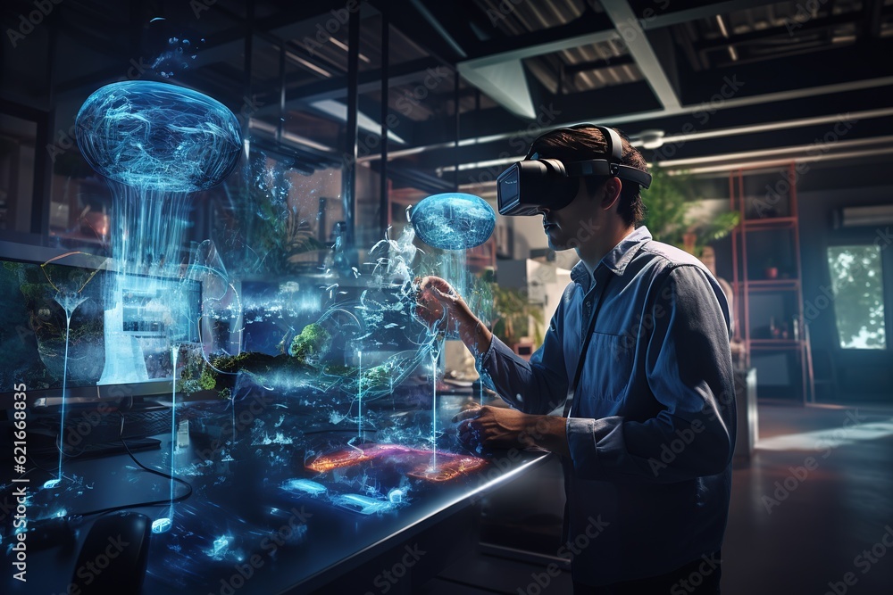 Man with VR headset interacting in augmented reality environment with ...