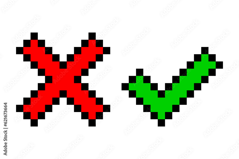 Pixel art check mark and cross mark. Tick and cross sign. Vector ...