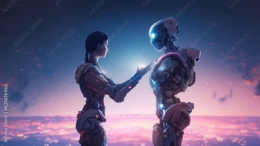 Couple of man and robot girl holding each other's hands on space sky ...
