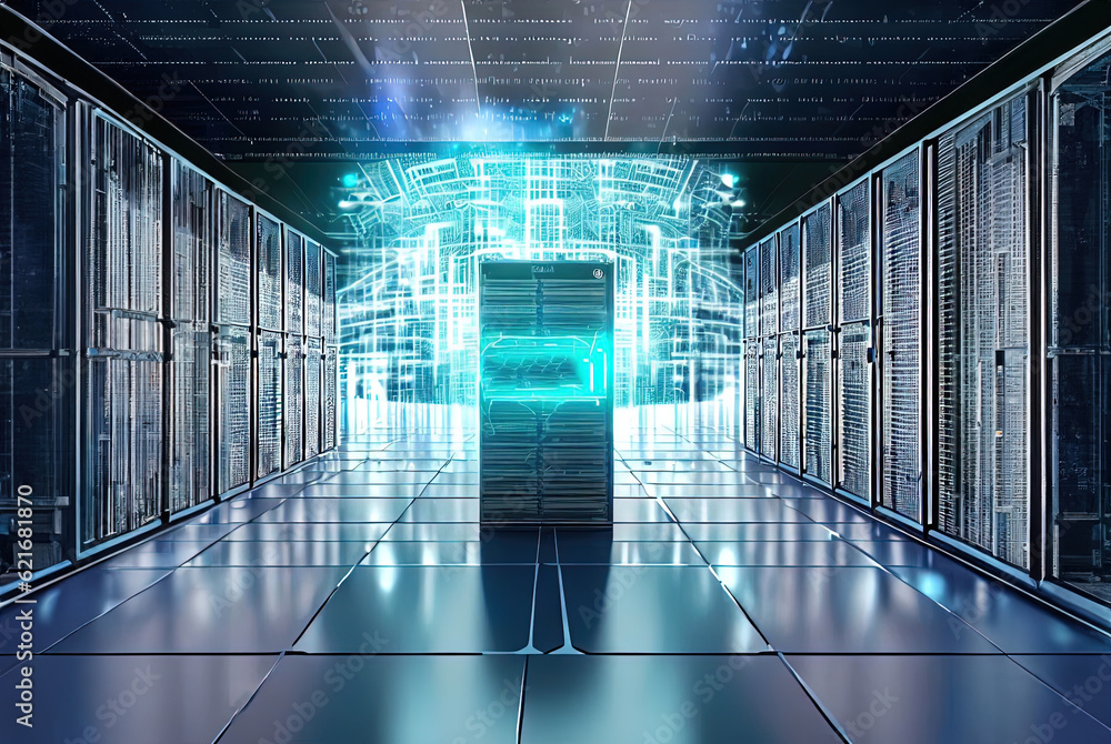 Futuristic data center room with rows of equipment interior with big ... Futuristic data center room with rows of equipment interior with big ...
