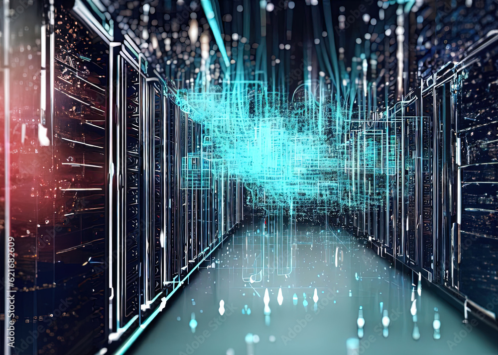 Futuristic data center room with rows of equipment interior with big ...