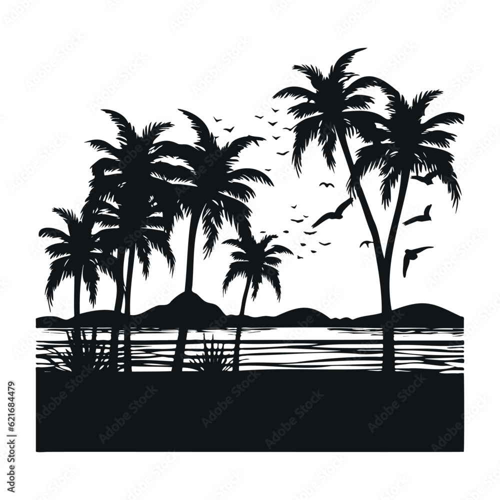 Palm trees silhouettes in the style of the 80s and 90s. Beach scene ...