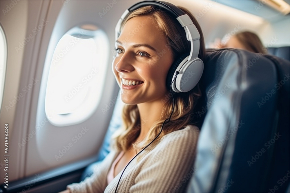 Young woman with laptop and headphones listening to music on the plane ...