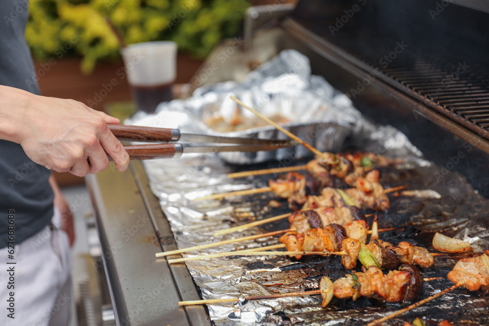 Sizzling skewers of beef, pork, chicken, and shrimp grilling over an ...