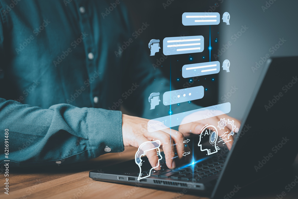 Chatbot Chat with AI, Artificial Intelligence. Adult man chatting with a smart AI or artificial ...