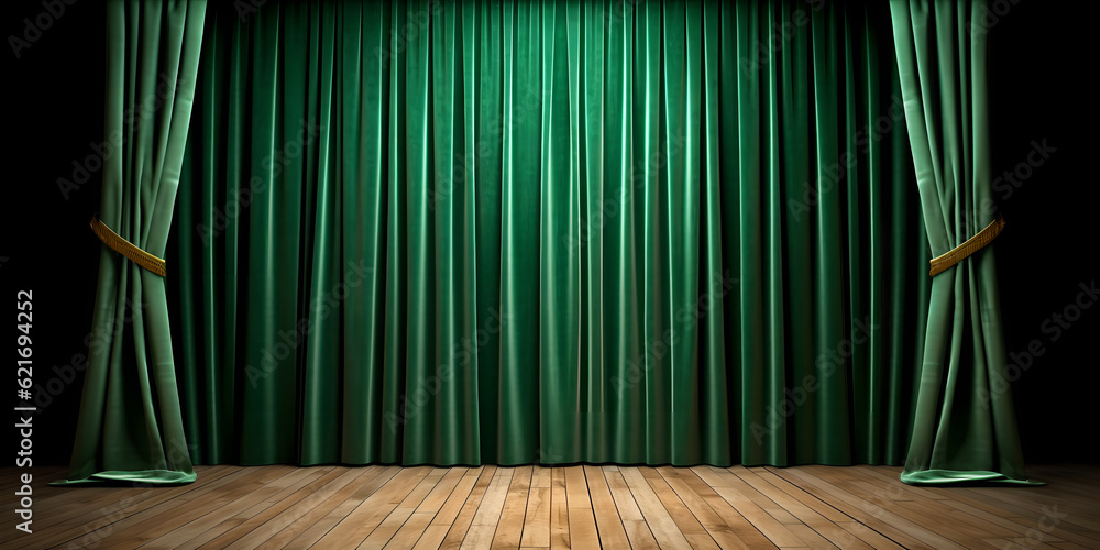 Realistic theater green dramatic curtains, spotlight on stage ...