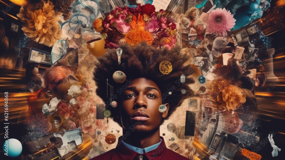 Overwhelming information data explode out of head of young human brain ...