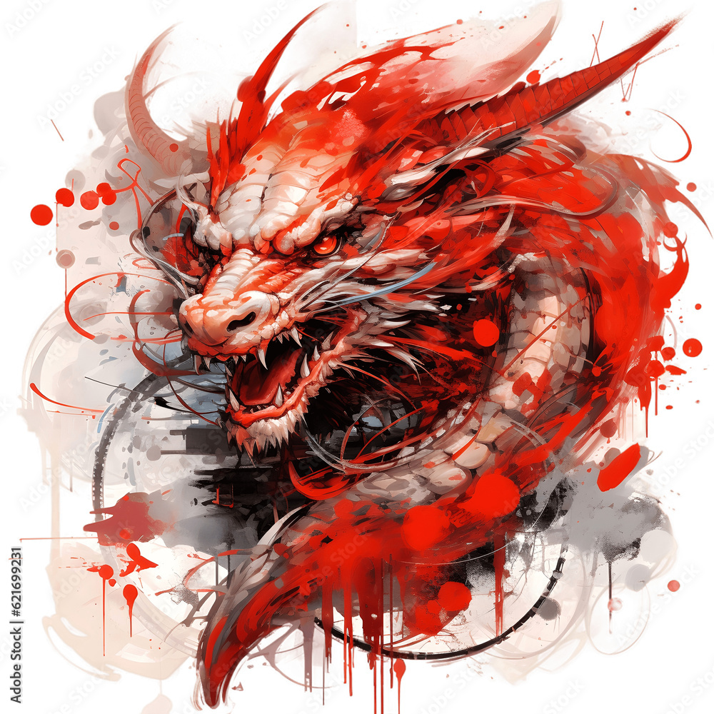 Mythical red chinese dragon digital art style, isolated on transparent ...