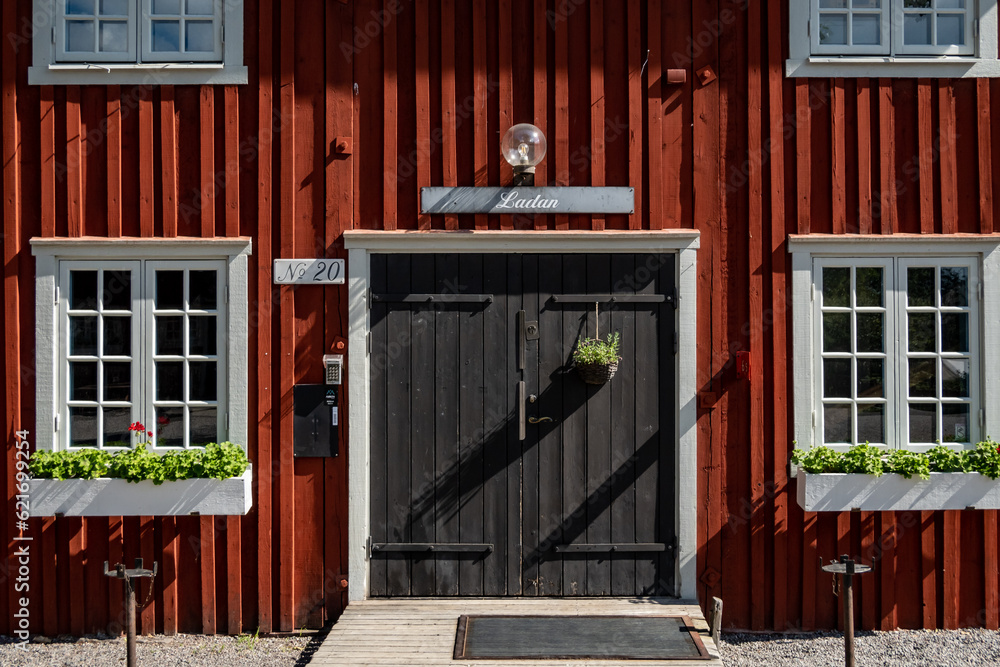 Stockholm, Sweden Typical red historic buildings in the Farsta suburb ...