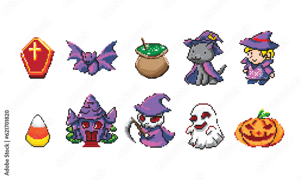 Set of halloween vector pixel art style, 8 bit collection vector on ...