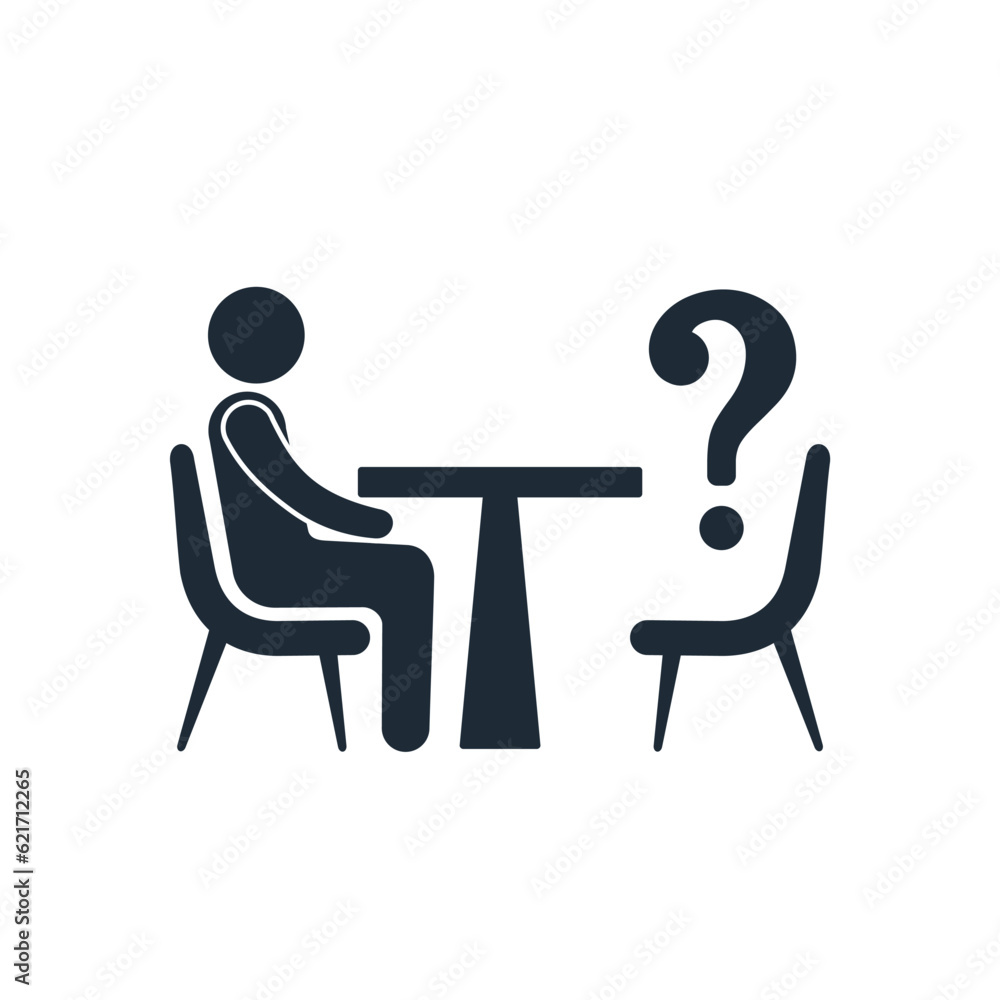 A seated person at a table and a chair with a question mark in front ...
