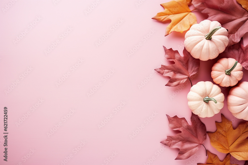 White pumpkins and autumn leaves on pink background Stock Illustration ...