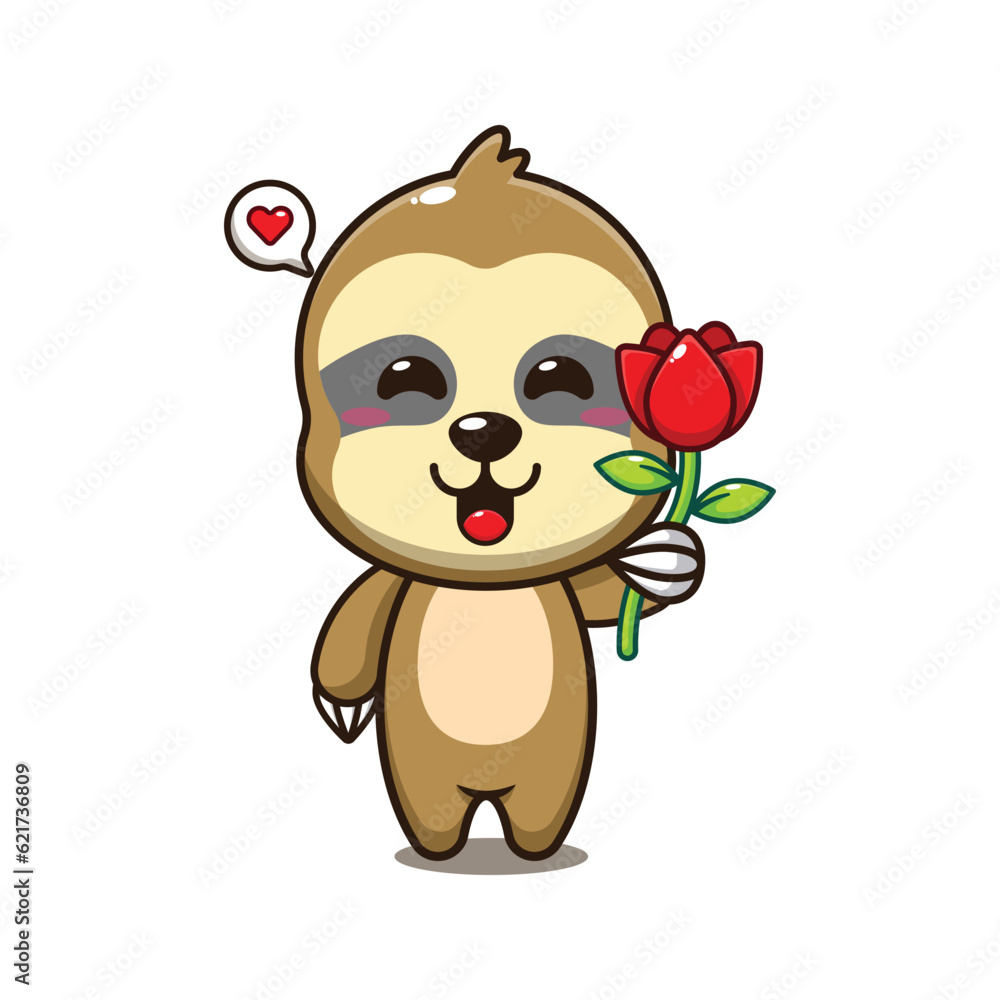 cute sloth holding rose flower cartoon vector illustration. Stock ...