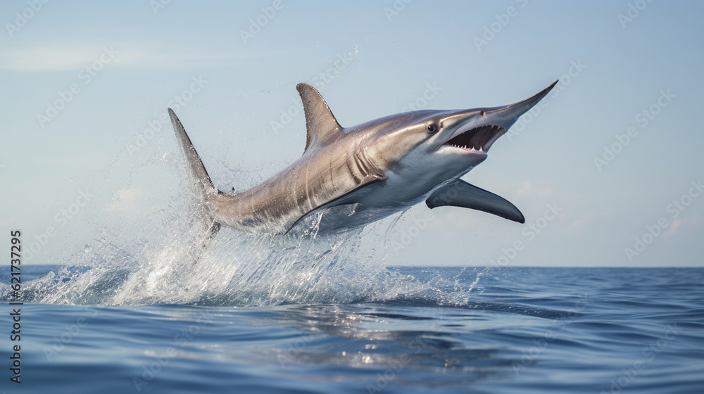 A striking photograph of a thresher shark leaping out of the water ...