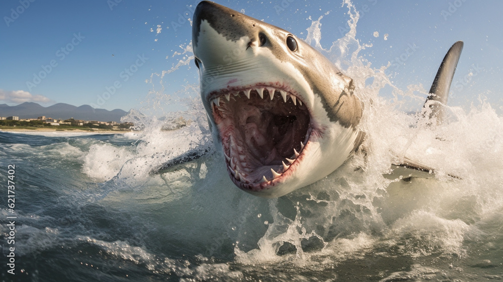 An action-packed shot of a shark breaching the surface of the water ...