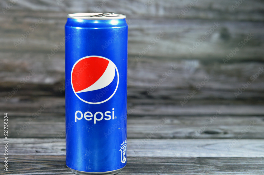 Cairo, Egypt, June 24 2023: Pepsi can, a Cola flavor plastic bottle, a ...