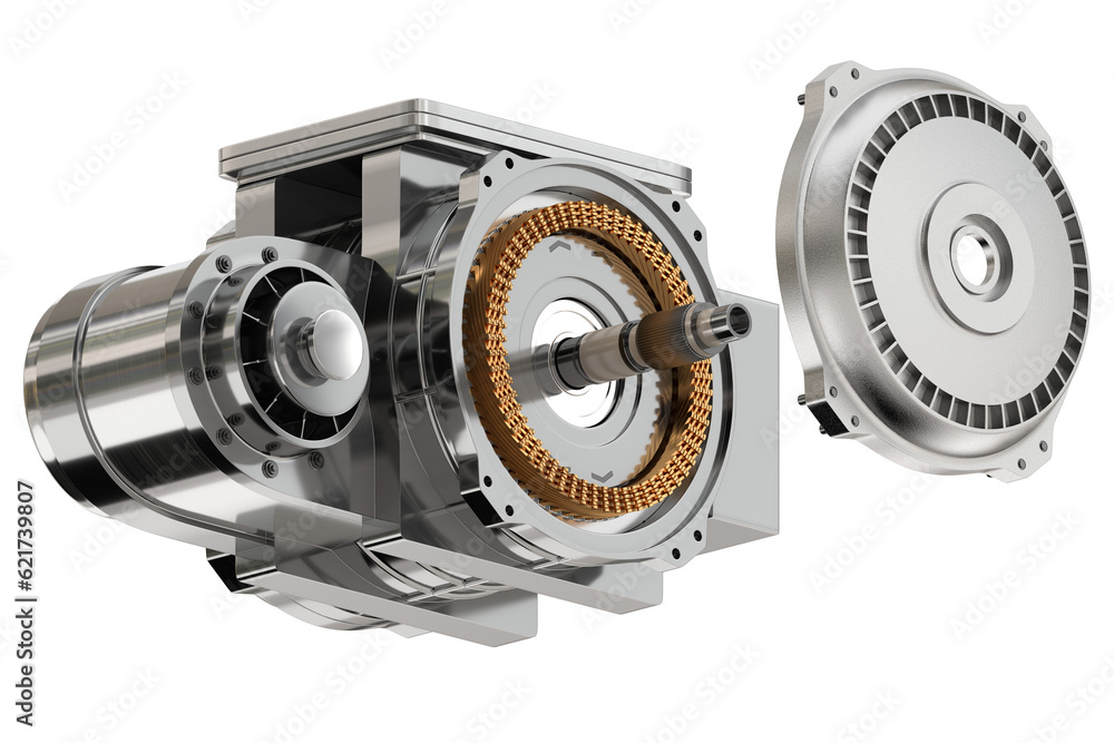 Isometric exploded view of Single Electric Vehicle Motor on white ...