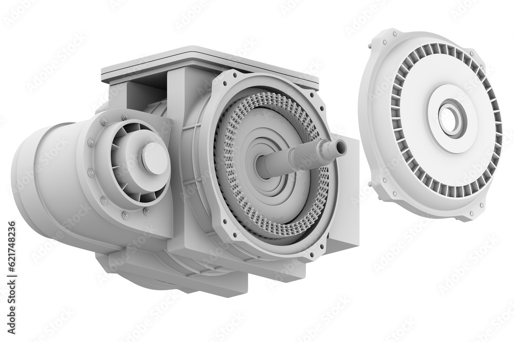 Isometric exploded view of Single Electric Vehicle Motor on white ...